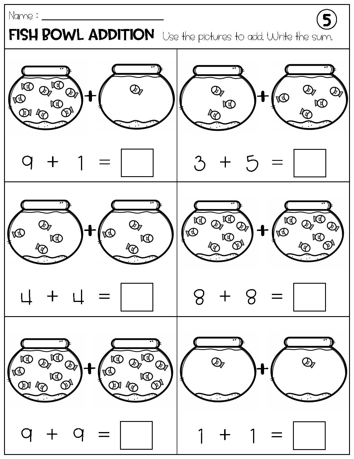 Addition With Pictures Sum up to 20 Worksheets - Adding Fish Bowls ...