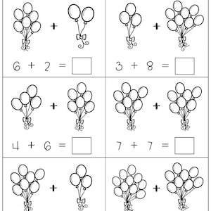 Addition With Pictures Sum up to 20 Worksheets - Adding Balloon ...