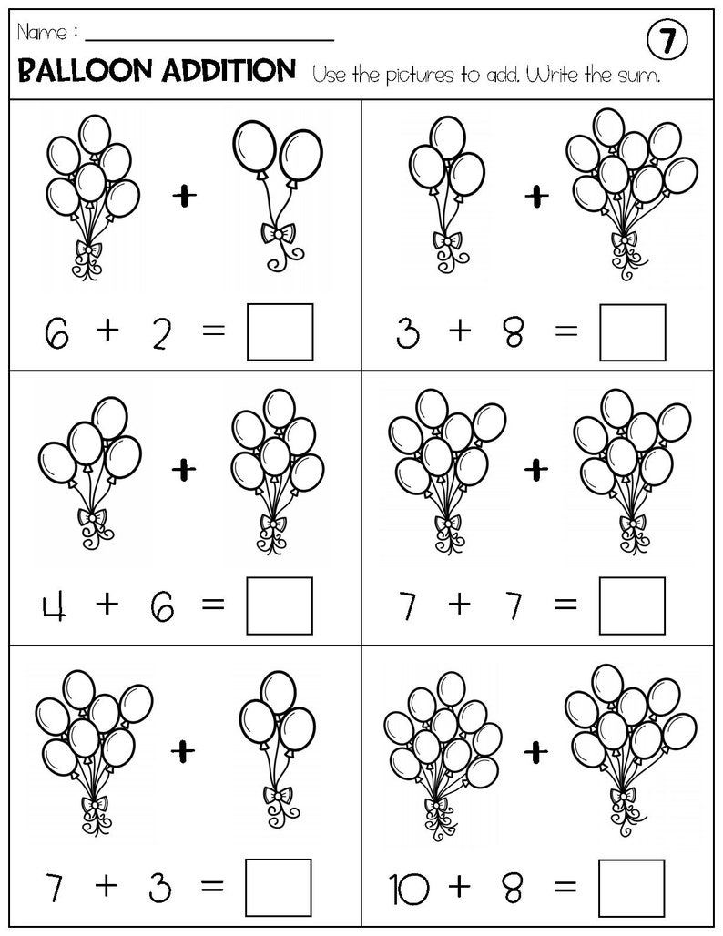 Addition With Pictures Sum up to 20 Worksheets - Adding Balloon ...