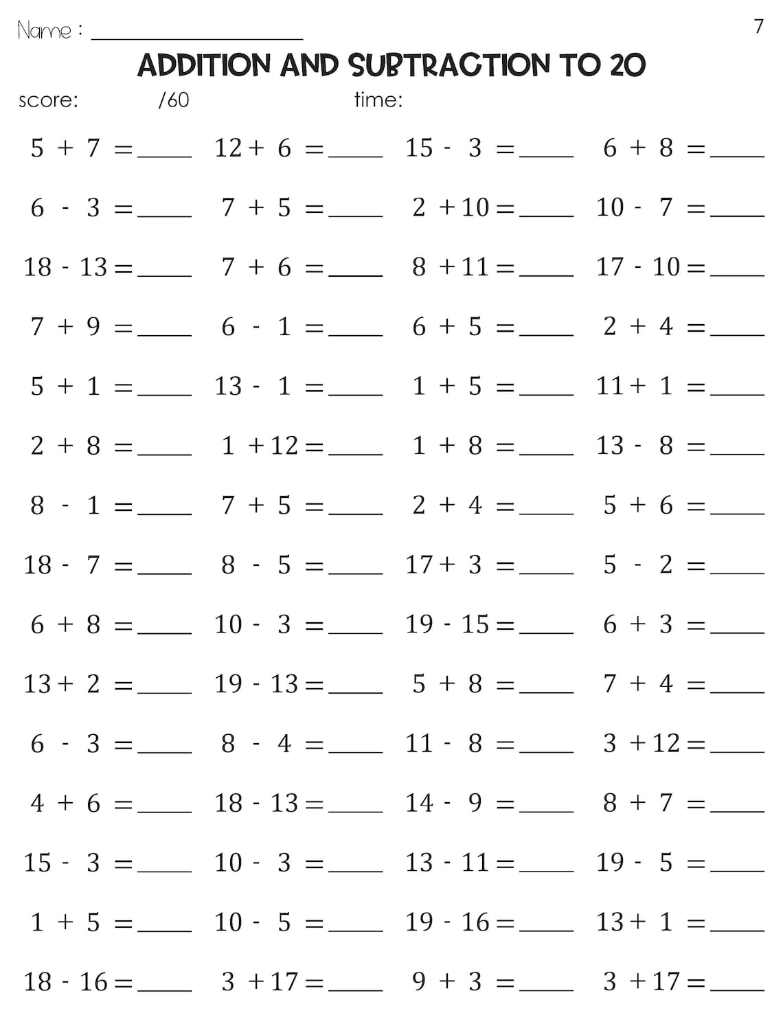 Math Fact Fluency Addition and Subtraction to 20 Timed Tests Practice ...