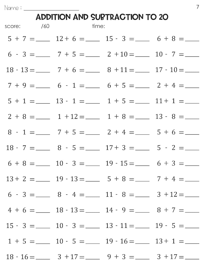 Math Fact Fluency Addition and Subtraction to 20 Timed Tests Practice ...