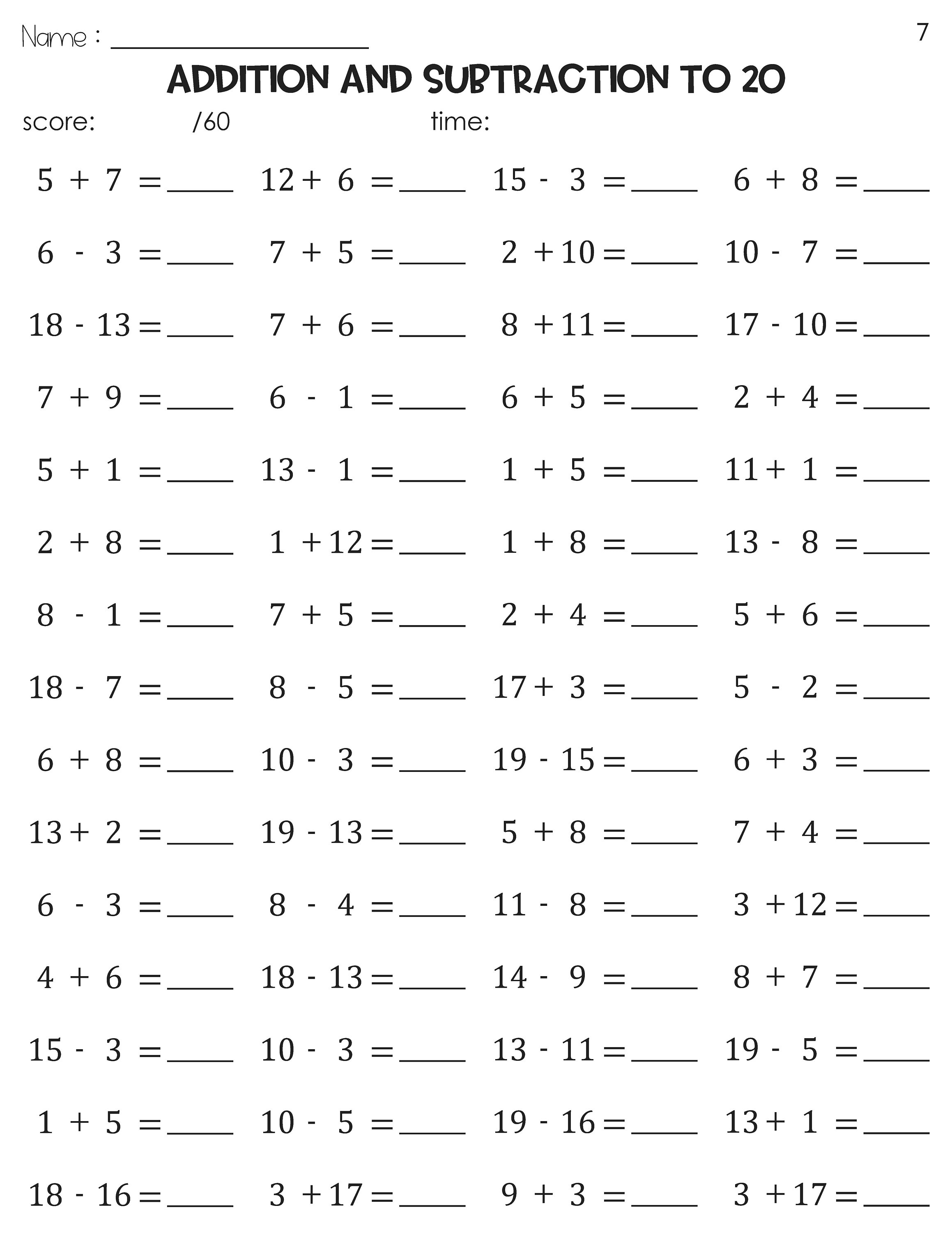 Math Fact Fluency Addition and Subtraction to 20 Timed Tests Practice ...