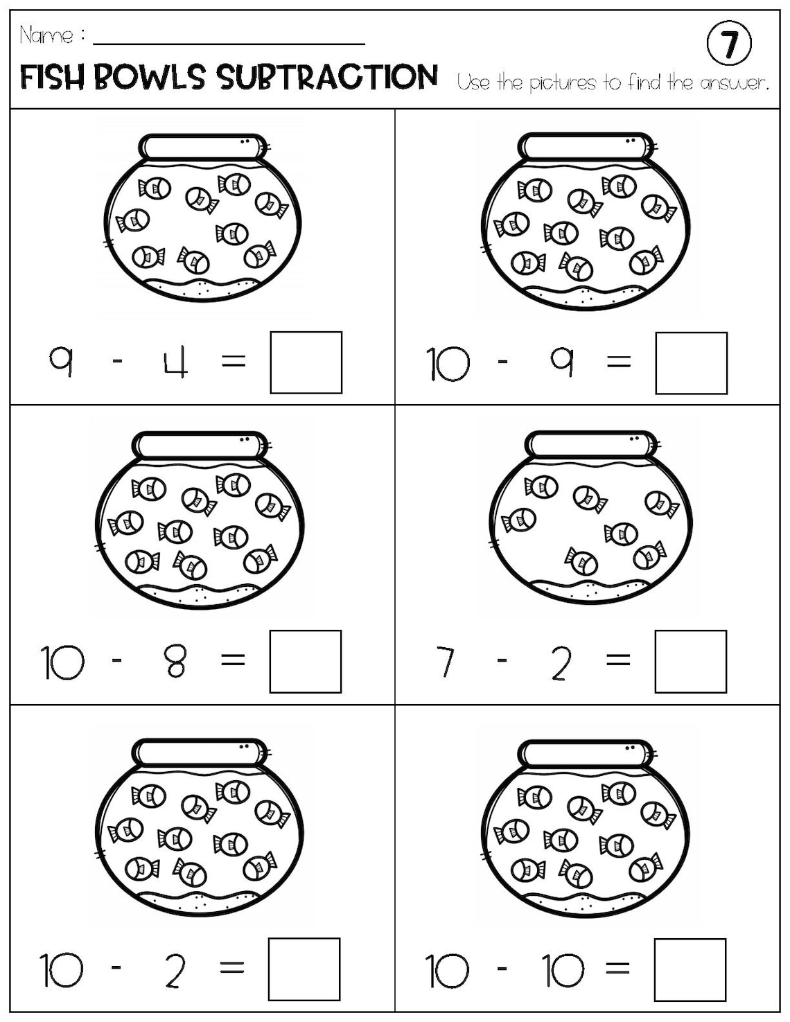 Subtraction With Pictures Within 10 Worksheets - Subtracting Fish Bowls ...