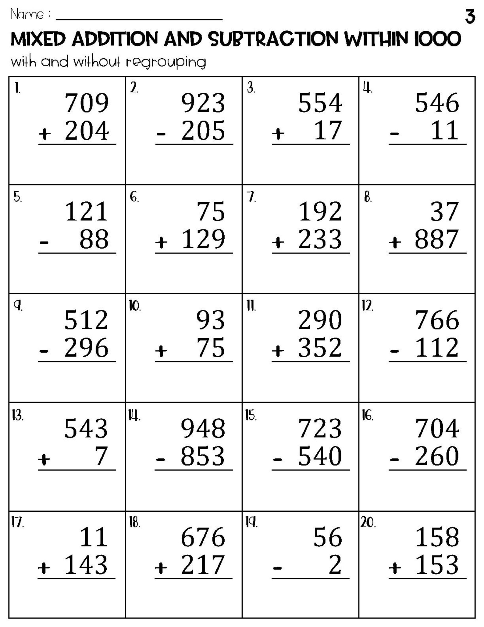 Mixed Addition and Subtraction Within 1000 Worksheets - Etsy