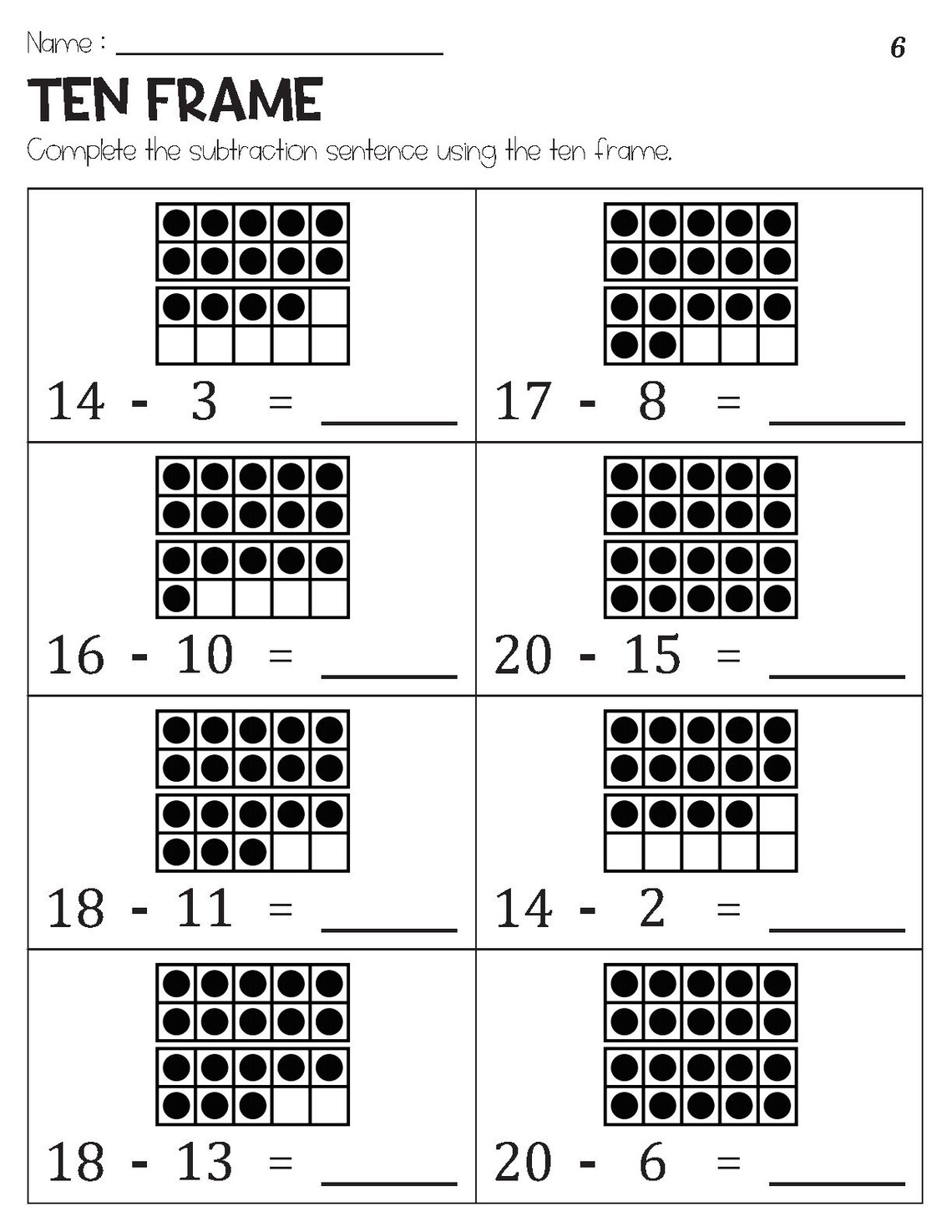 Subtraction Within 20 With Ten Frame Pictures Worksheets - Etsy