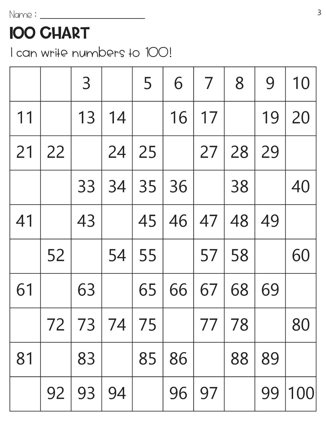 100 Chart Missing Numbers Worksheets - Etsy UK