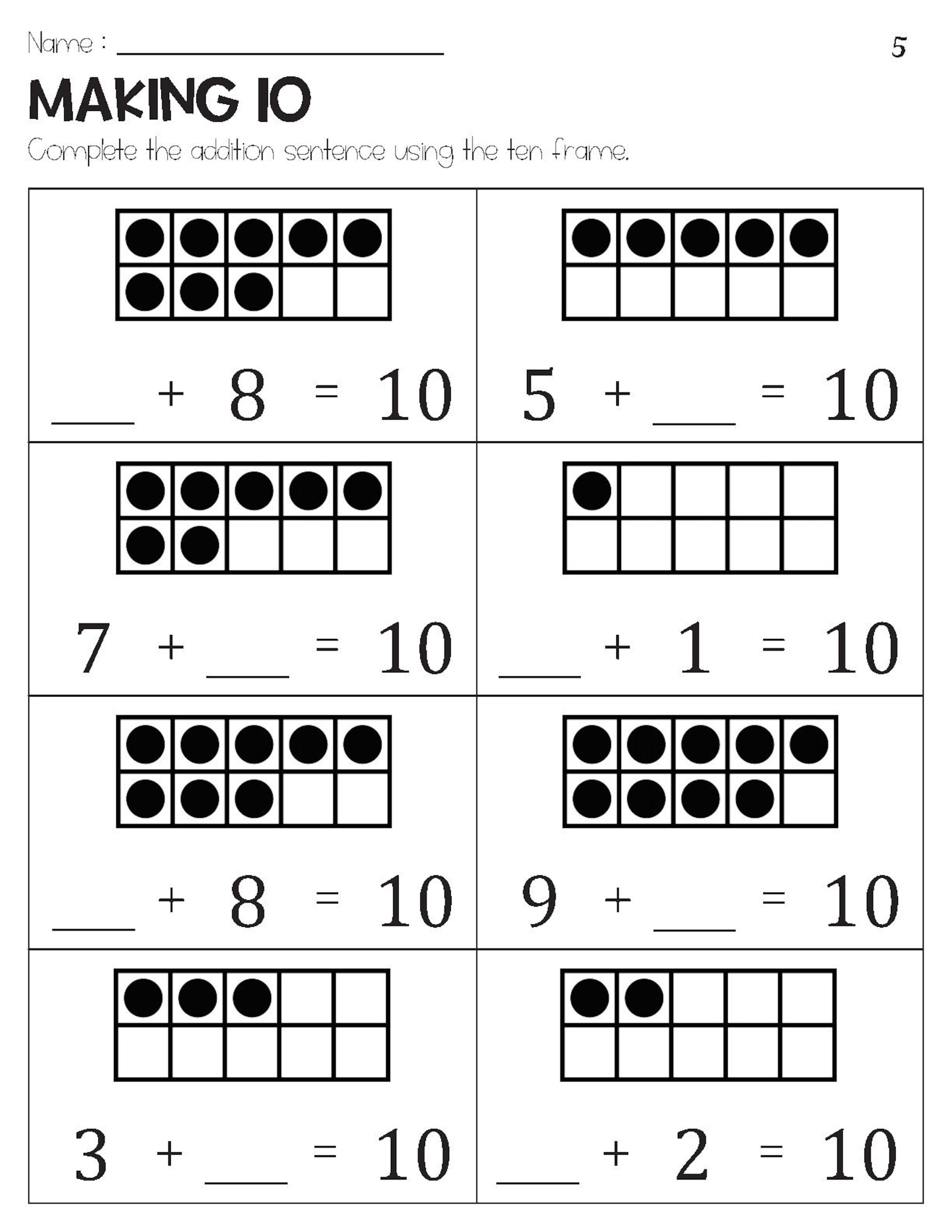 Making 10 Addition With Ten Frame Worksheets - Etsy