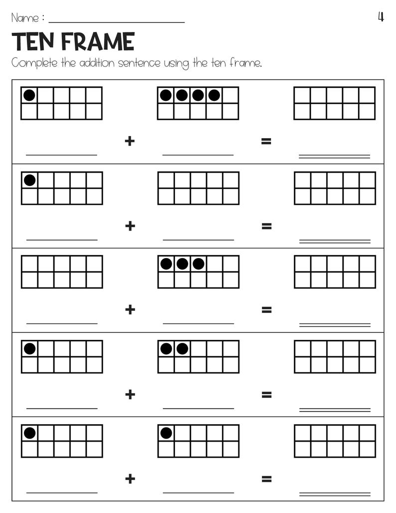 Addition Within 5 With Ten Frame Pictures Worksheets - Etsy