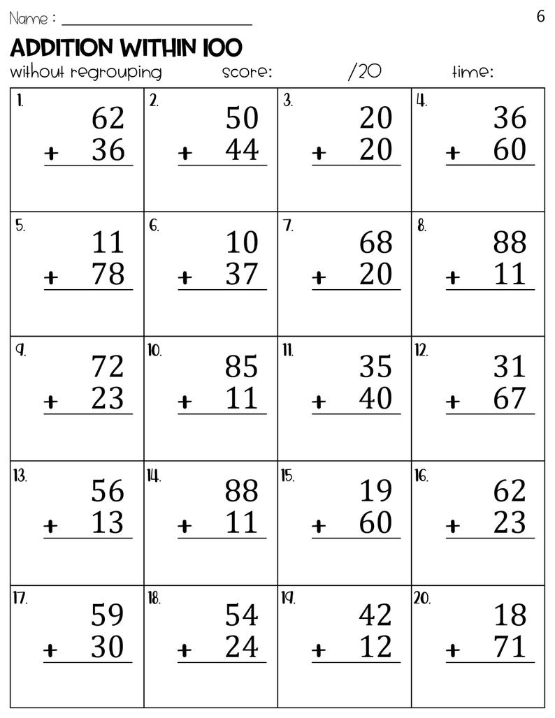 Addition Within 100 Without Regrouping Worksheets - Etsy
