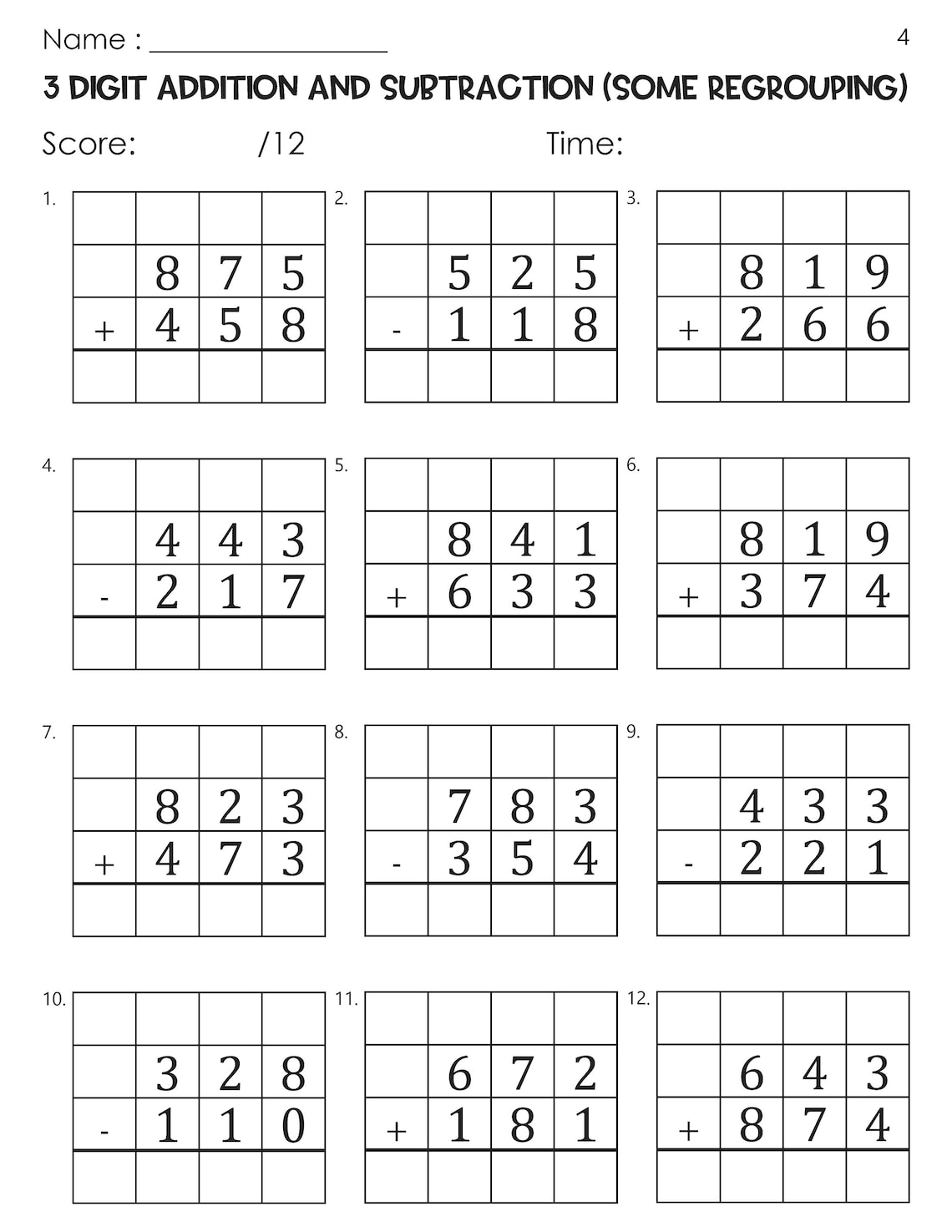 Three Digit Mixed Addition and Subtraction Some Regrouping With Grid ...