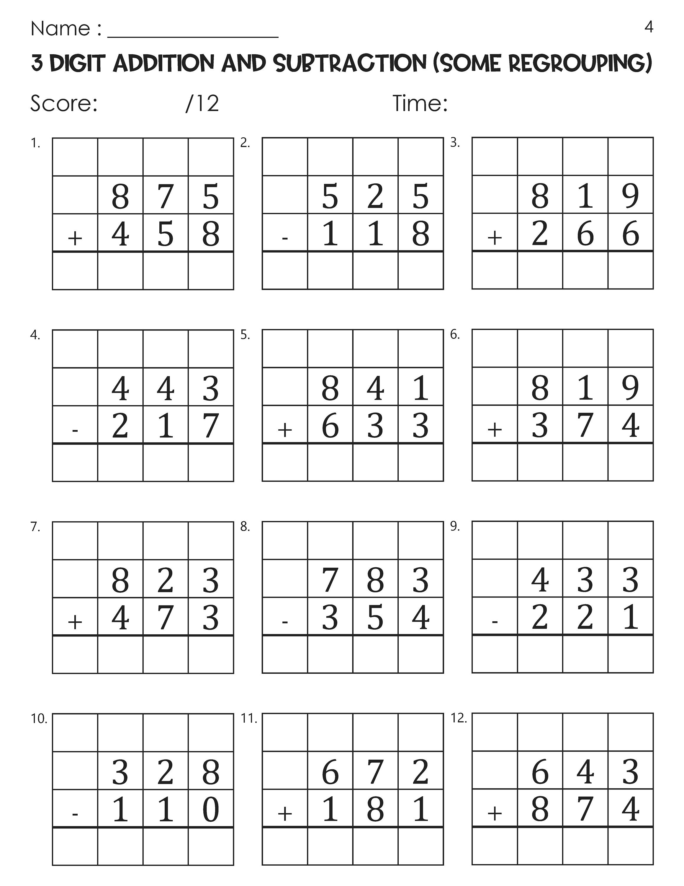Three Digit Mixed Addition and Subtraction Some Regrouping With Grid ...