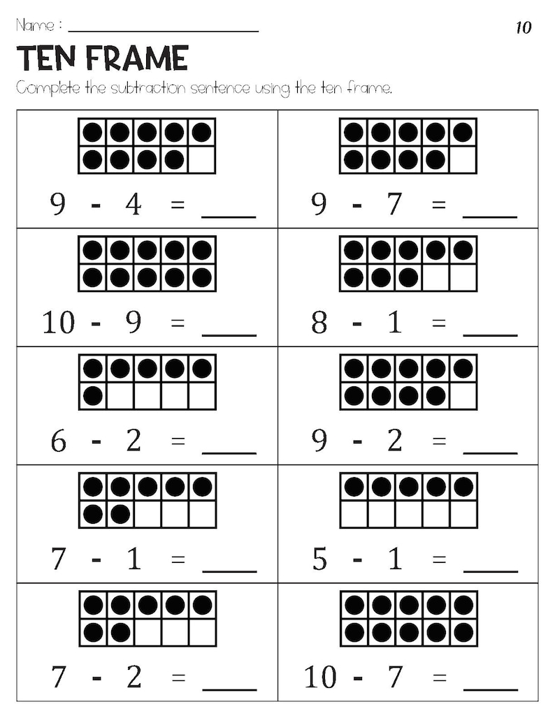 Subtraction Within 10 With Ten Frame Pictures Worksheets - Etsy
