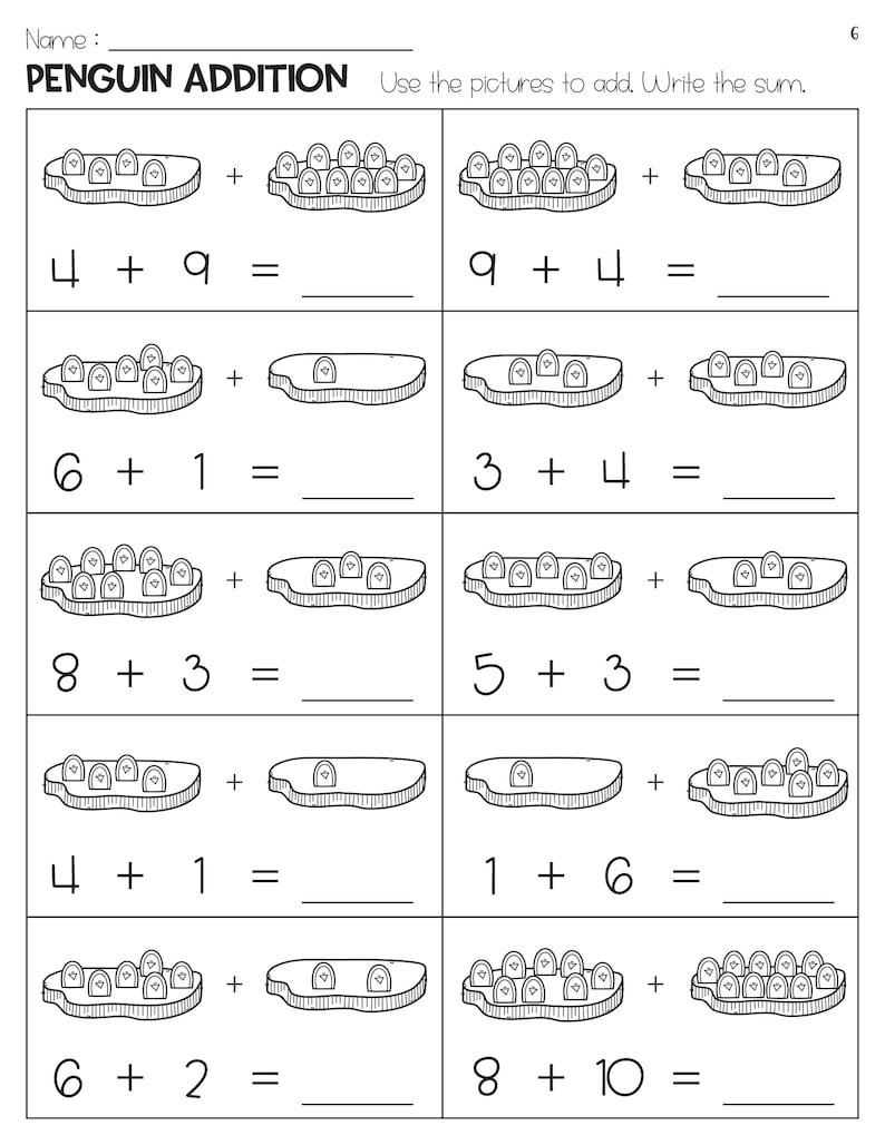 Addition With Pictures to 20 Worksheets - Adding Penguin - Etsy