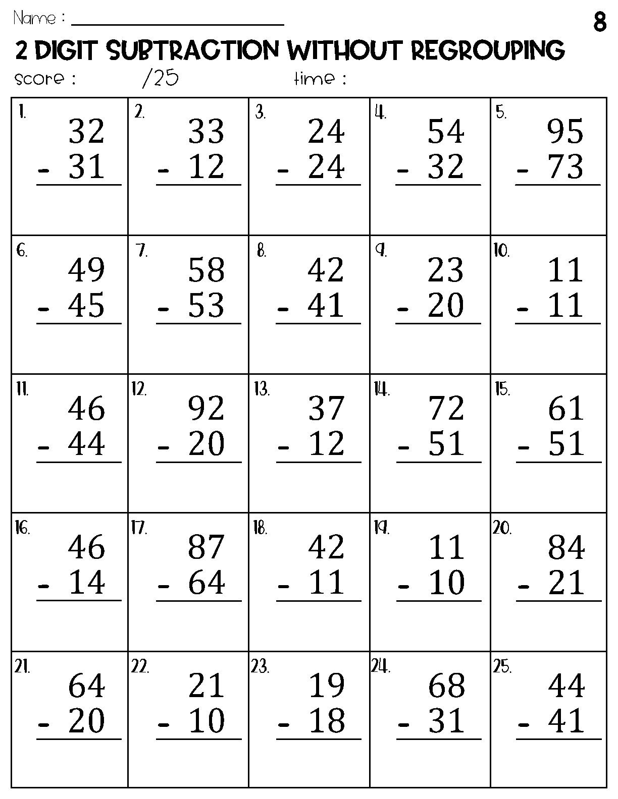 1st Grade Subtraction Worksheets Without