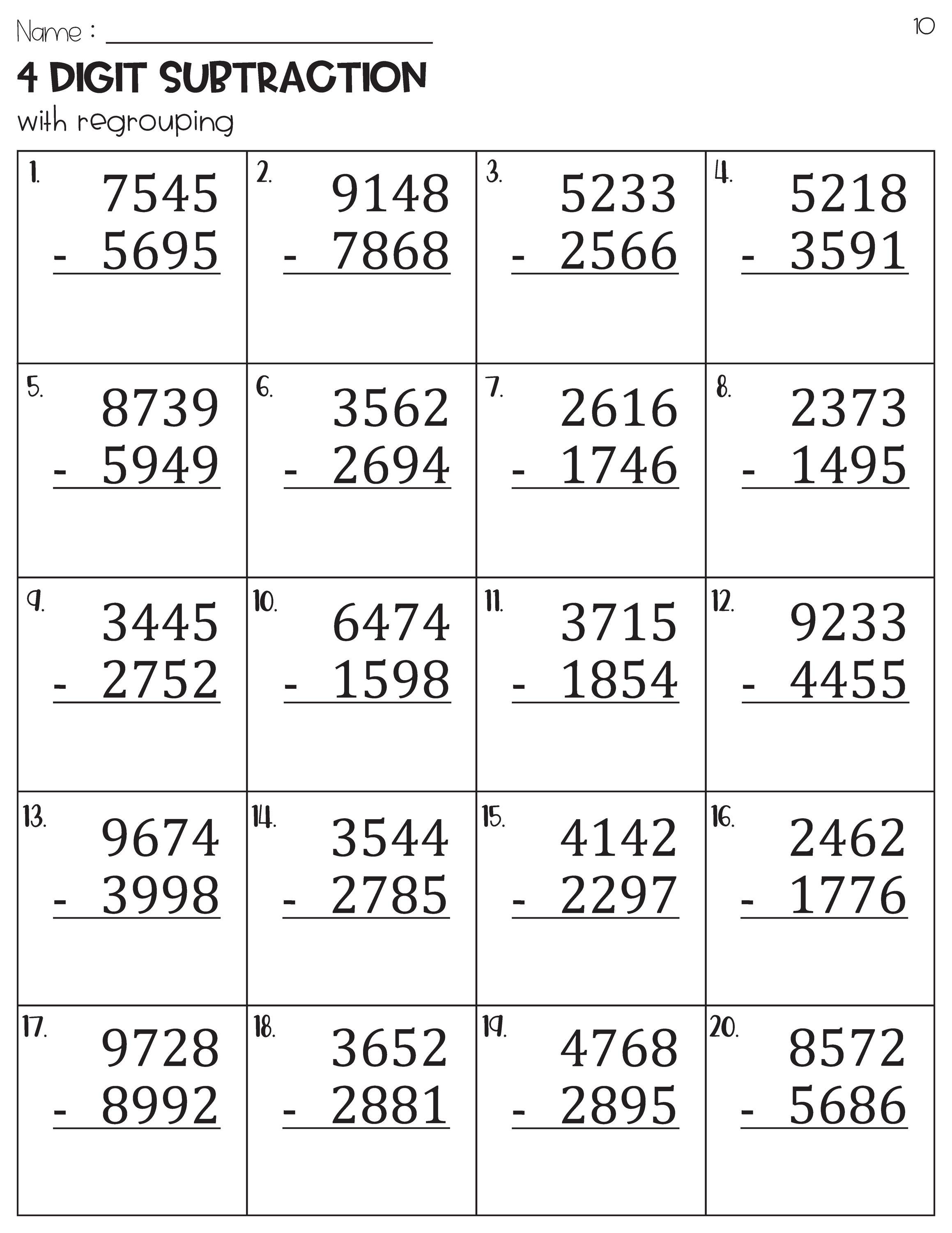 4 Digit Subtraction With Regrouping Worksheets - Etsy