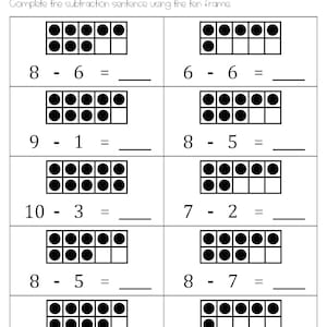 Subtraction Within 10 With Ten Frame Pictures Worksheets - Etsy