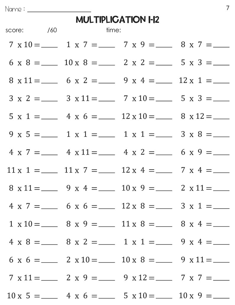 Multiplication 1-12 Math Timed Tests Speed Drills Worksheets - Etsy