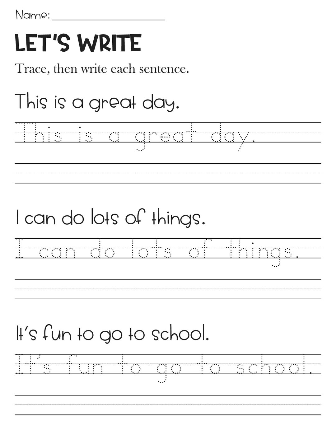 Sentence Writing and Tracing Handwriting Practice Worksheets - Positive ...