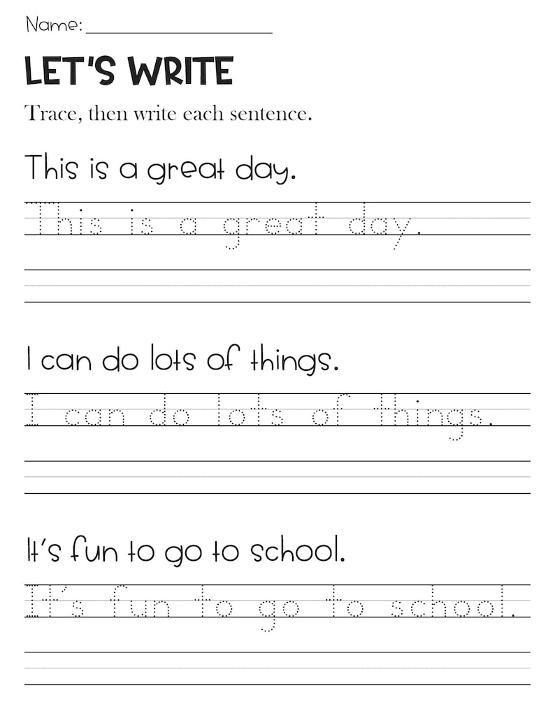 Sentence Writing and Tracing Handwriting Practice Worksheets Positive ...
