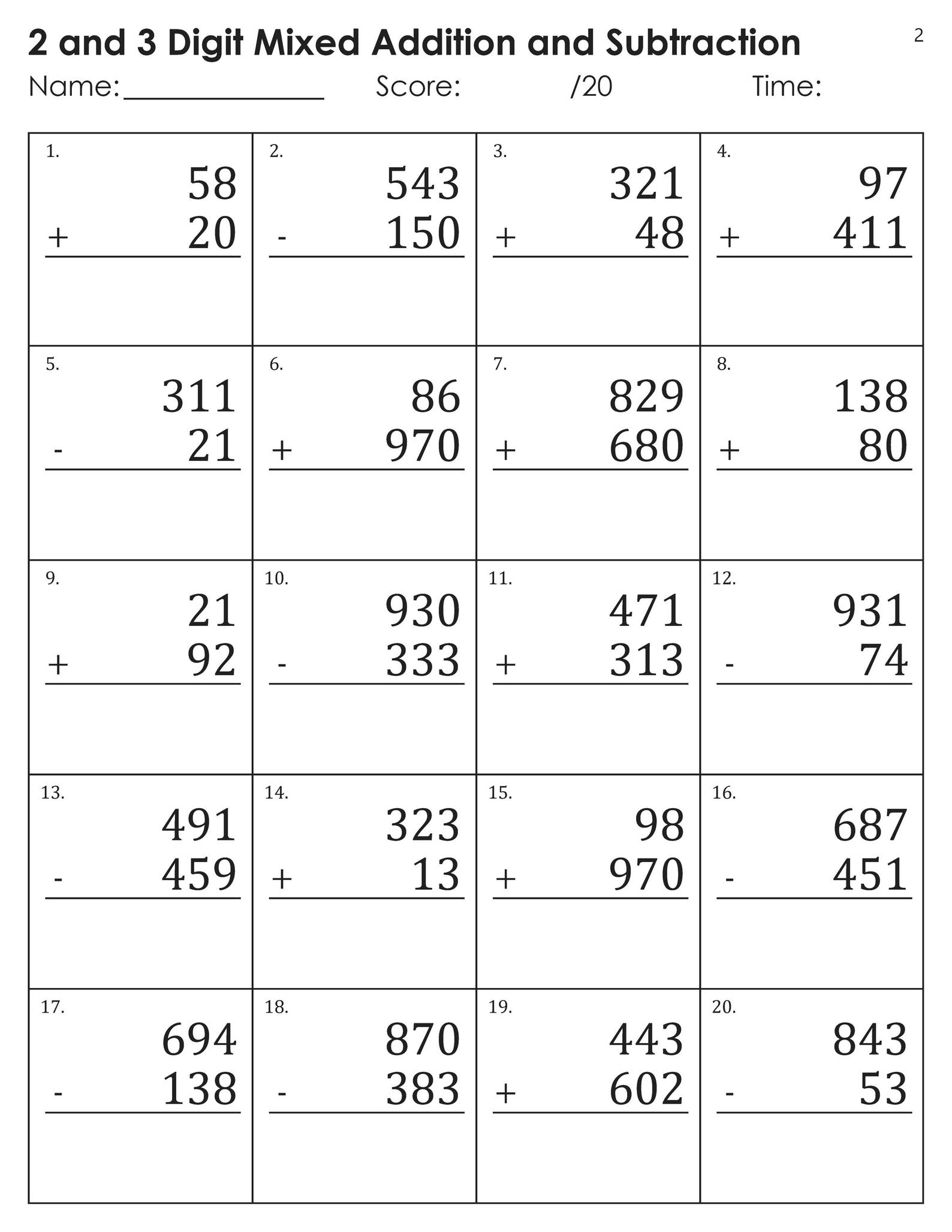 2 and 3 Digit Mixed Addition and Subtraction With Some Regrouping ...