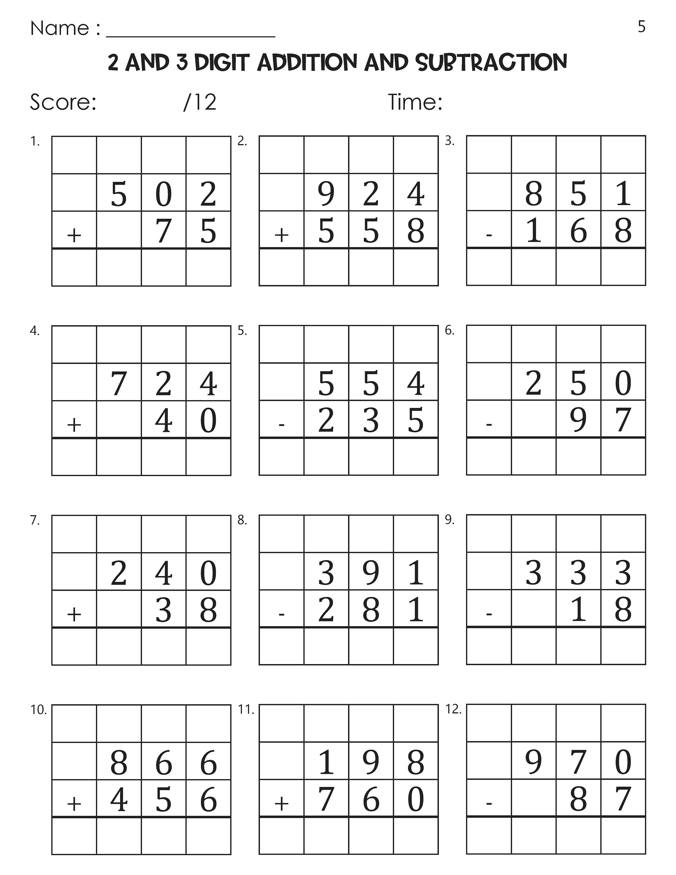 100 Two and Three Digit Mixed Addition and Subtraction With Grid ...