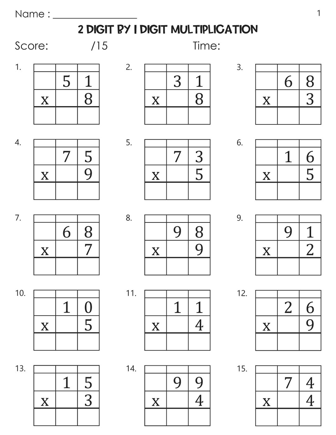 2 Digit by 1 Digit Multiplication With Grid Worksheets - Etsy