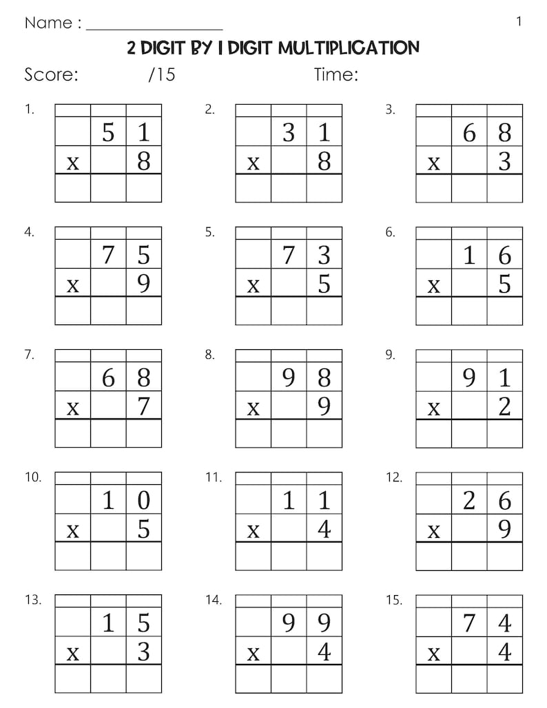 2 Digit by 1 Digit Multiplication With Grid Worksheets - Etsy
