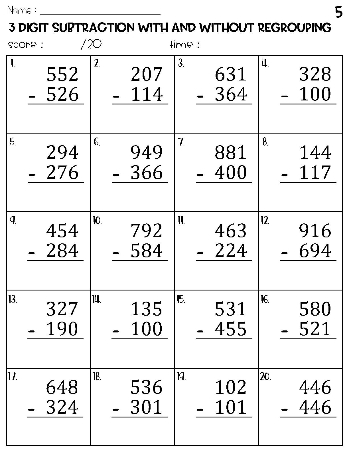 Three Digit Subtraction With and Without Regrouping Worksheets - Etsy