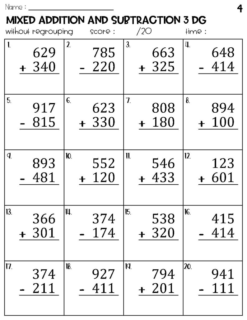 Three Digit Mixed Addition and Subtraction Without Regrouping ...