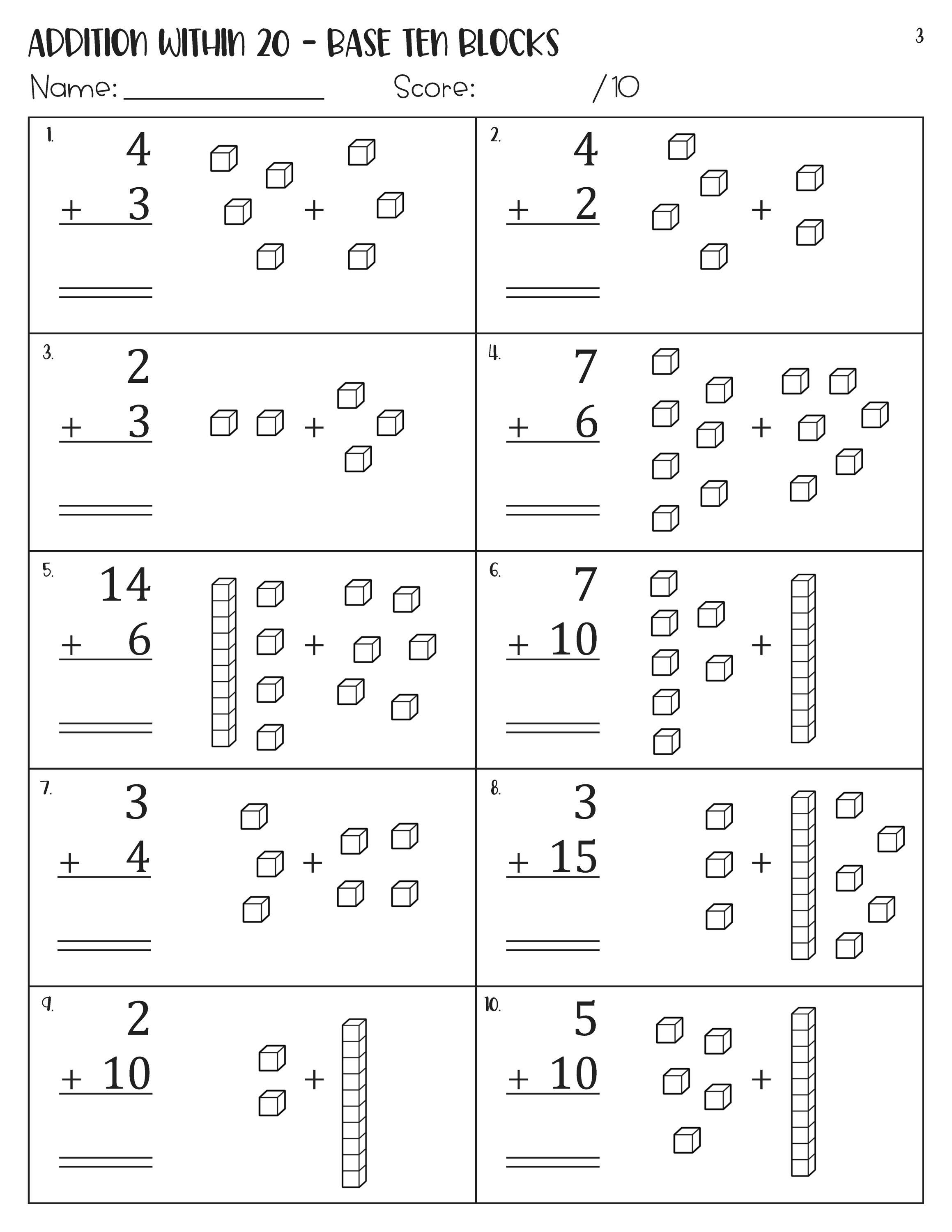 Addition Within 20 With Pictures Base Ten Blocks Worksheets - Etsy