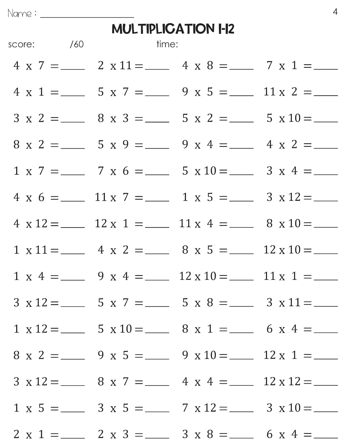 Multiplication 1-12 Math Timed Tests Speed Drills Worksheets - Etsy
