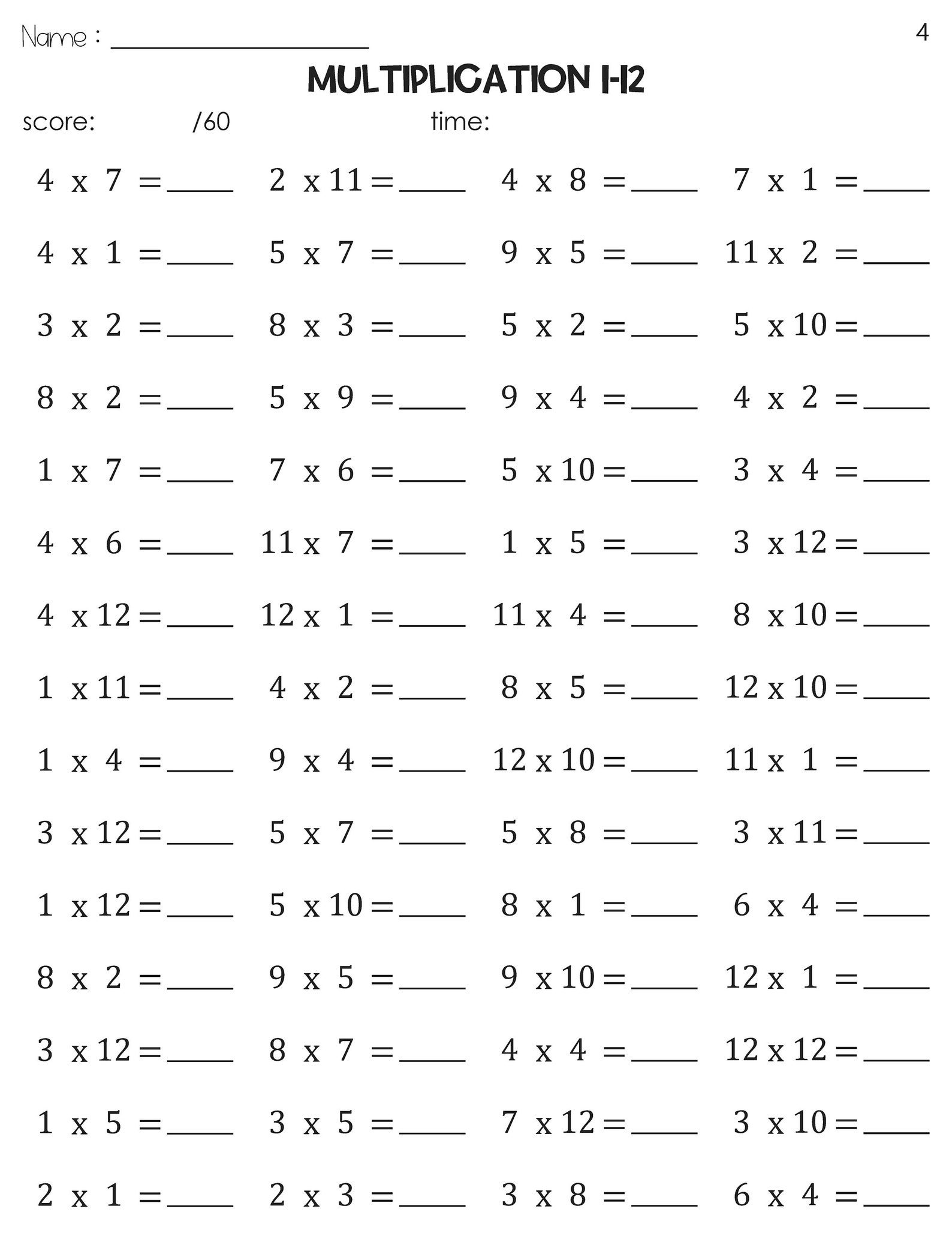 Multiplication 1-12 Math Timed Tests Speed Drills Worksheets - Etsy