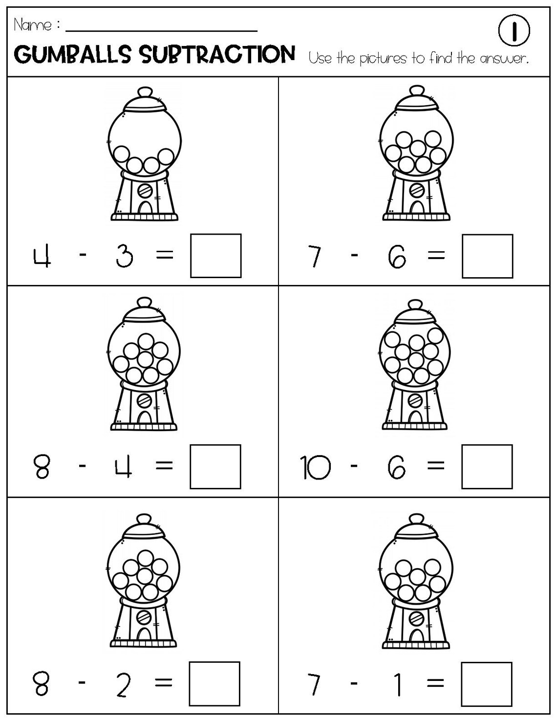 Subtraction With Pictures Within 10 Worksheets - Subtracting Gumballs ...