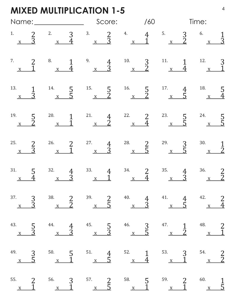 Mixed Multiplication Facts 1-5 Timed Tests Worksheets - Etsy