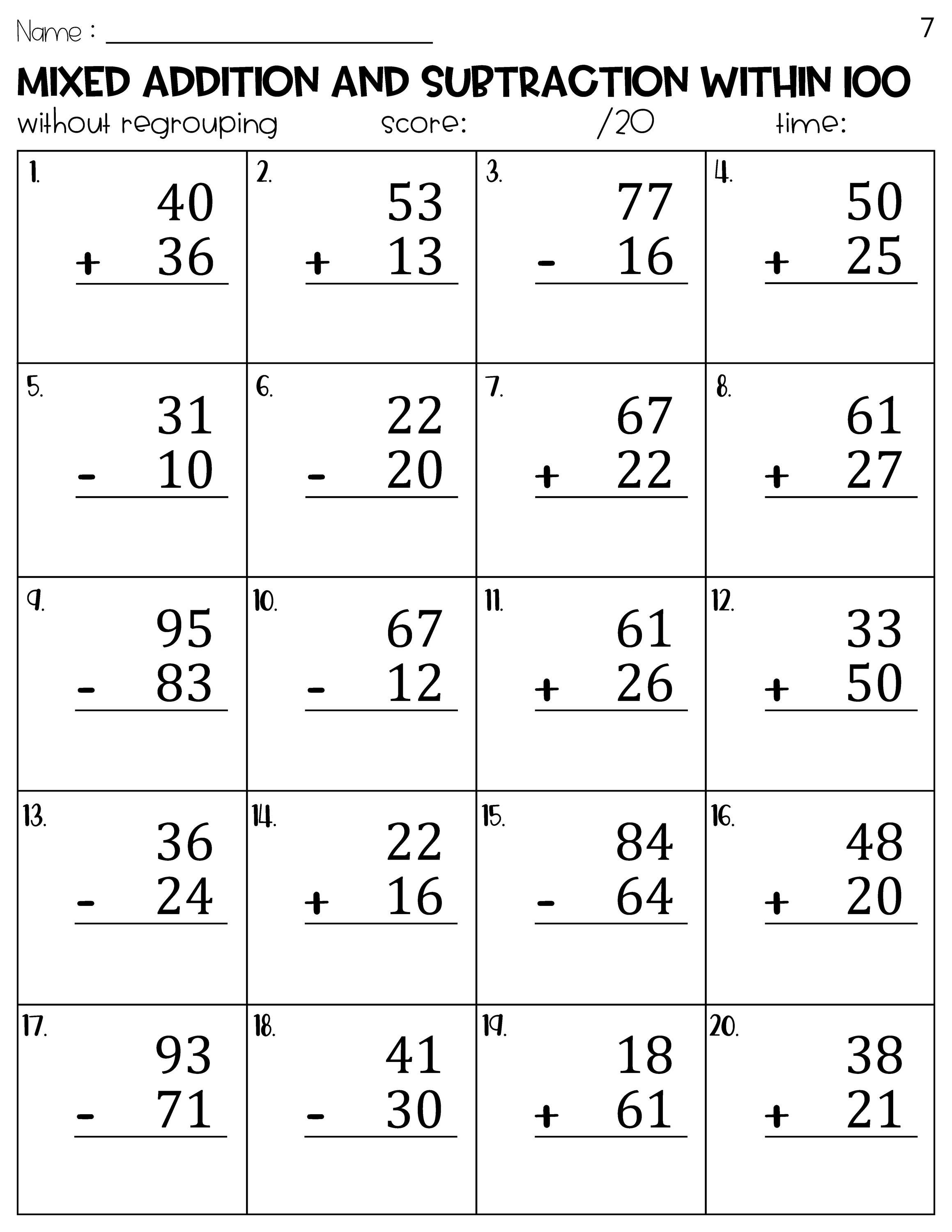 Mixed Addition and Subtraction Within 100 Without Regrouping Worksheets ...