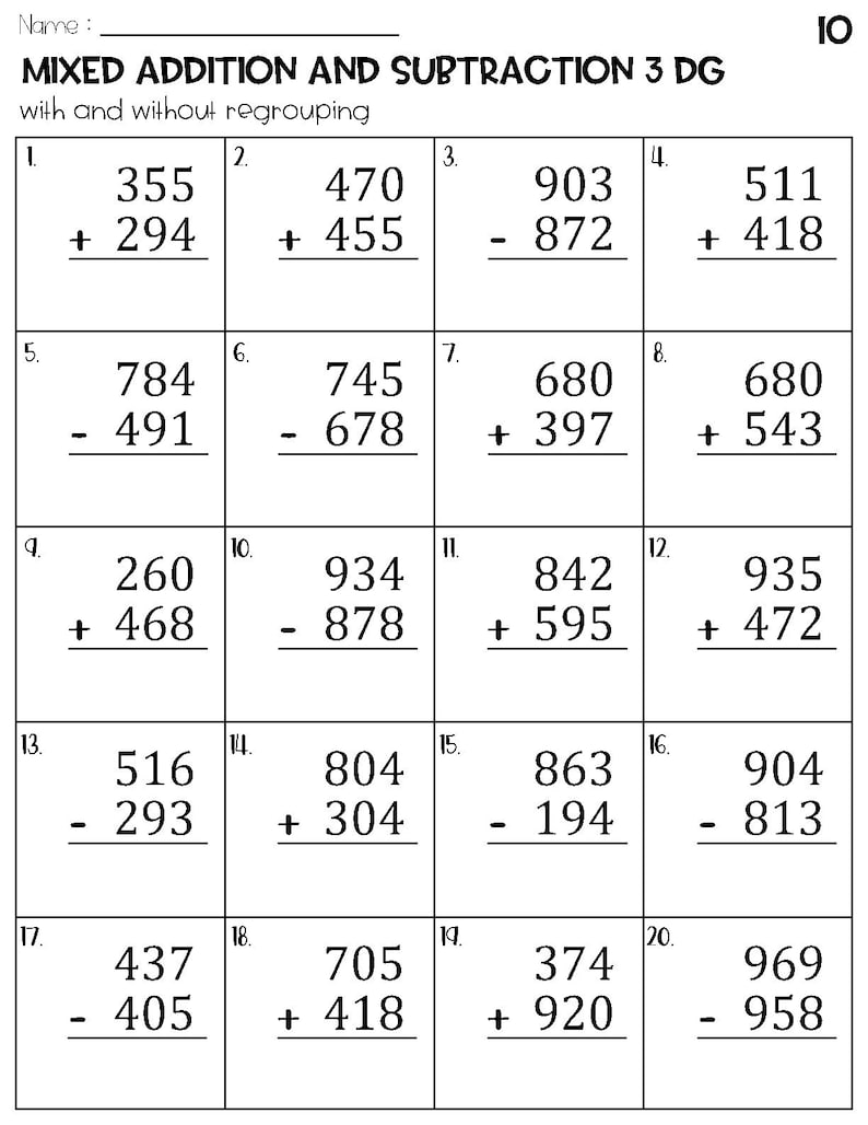 Three Digit Mixed Addition and Subtraction With and Without Regrouping ...