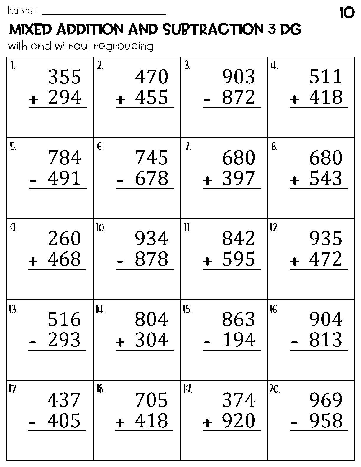 Three Digit Mixed Addition and Subtraction With and Without Regrouping ...