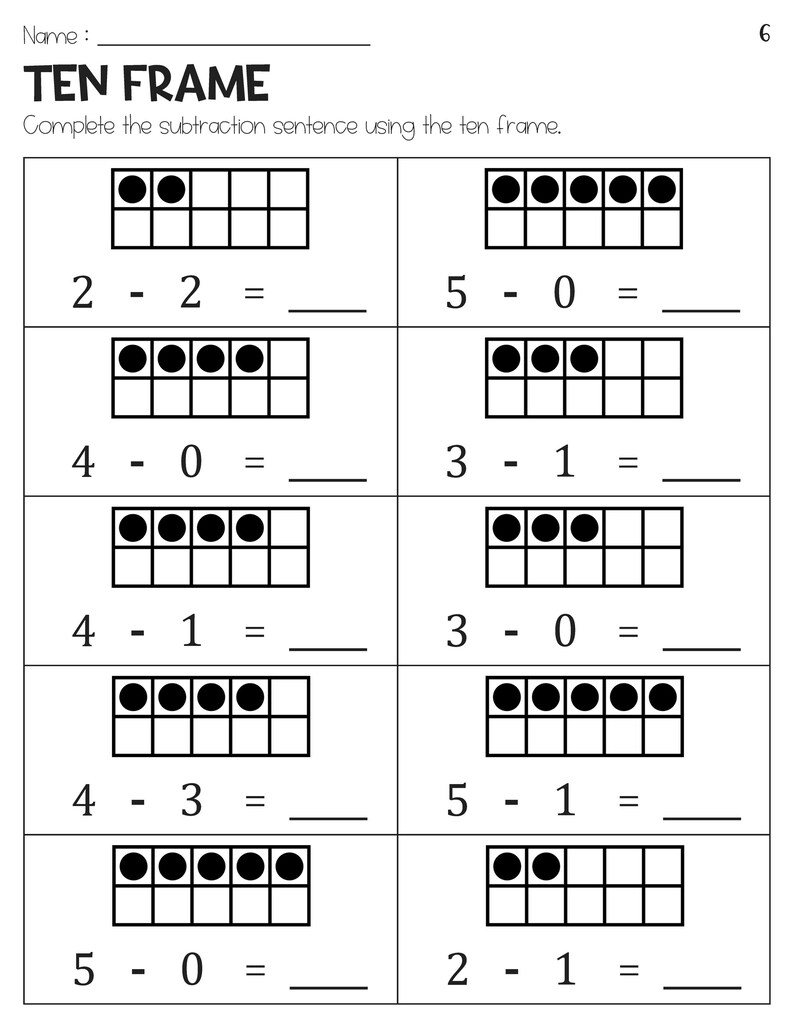 Subtraction Within 5 With Ten Frame Pictures Worksheets - Etsy