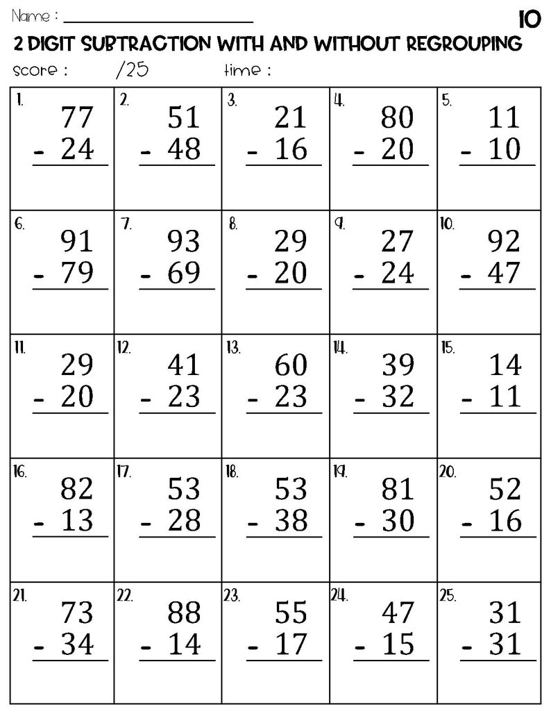 Two Digit Subtraction With and Without Regrouping Worksheets - Etsy