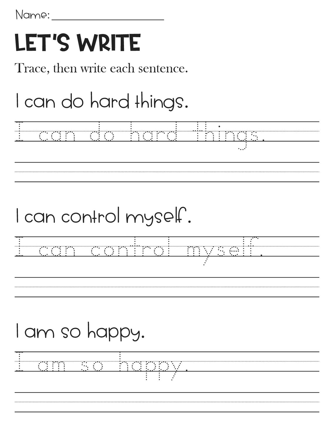 Sentence Writing and Tracing Handwriting Practice Worksheets - Positive ...