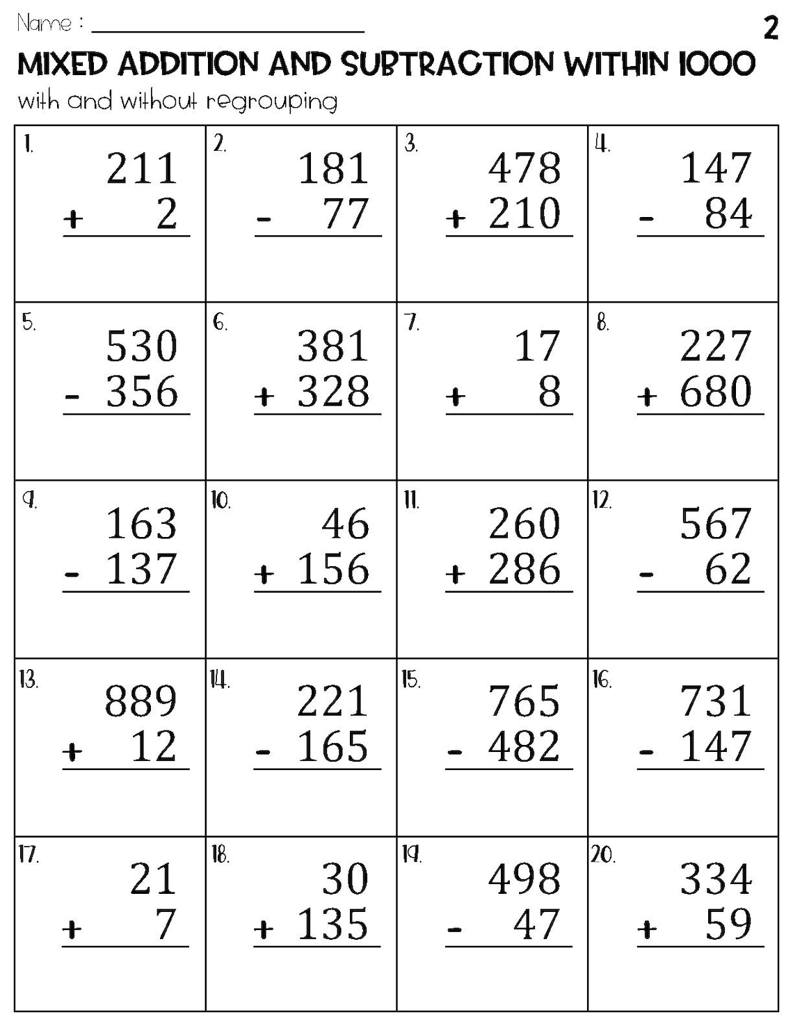 Mixed Addition and Subtraction Within 1000 Worksheets - Etsy