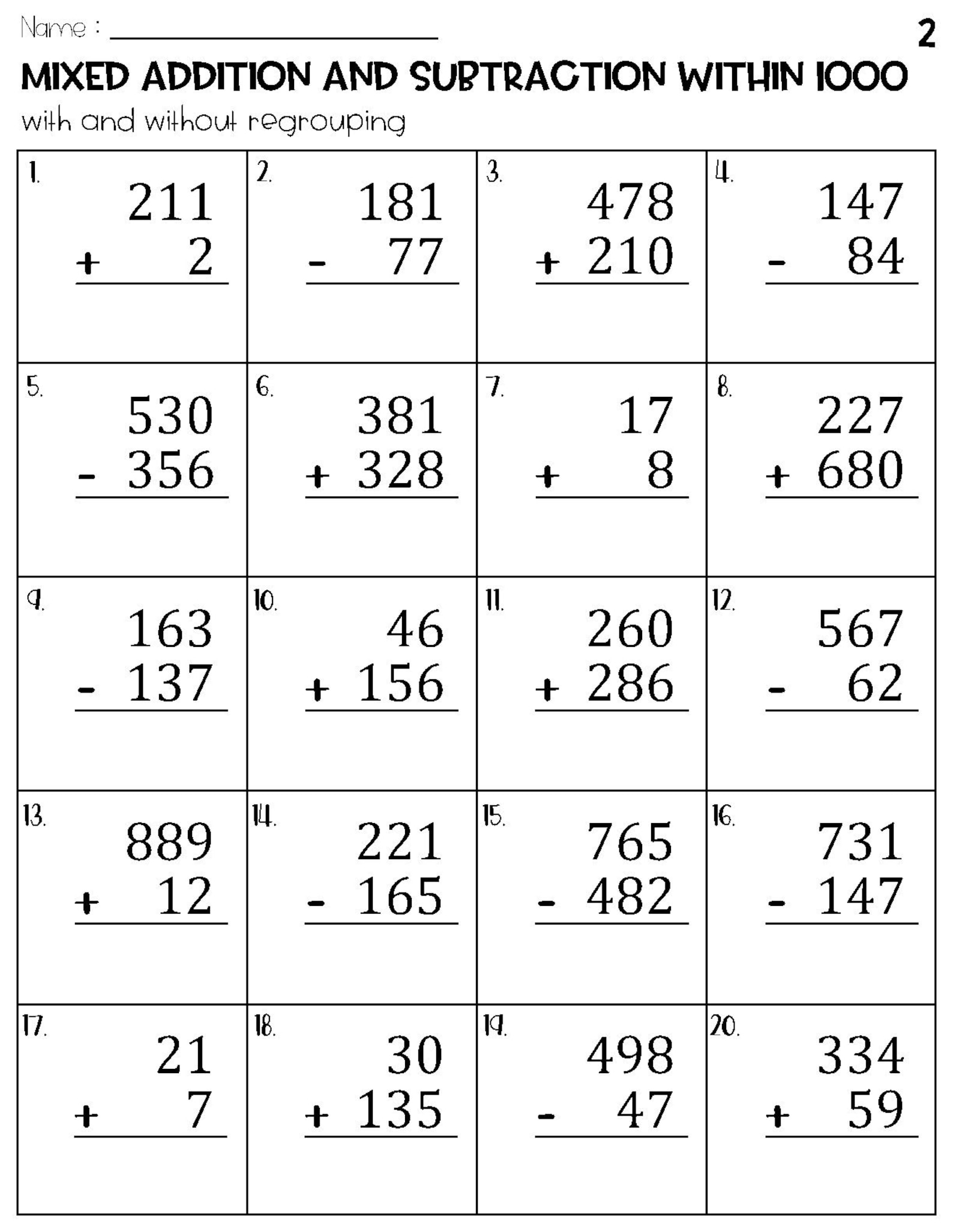 Mixed Addition and Subtraction Within 1000 Worksheets - Etsy