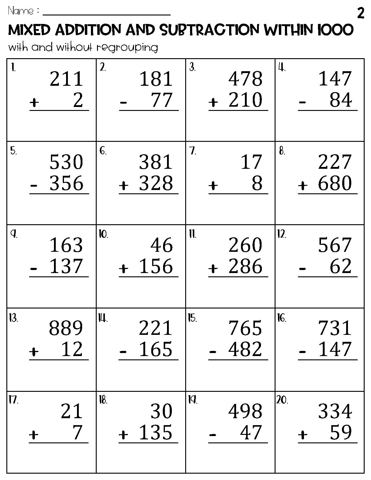Mixed Addition and Subtraction Within 1000 Worksheets - Etsy