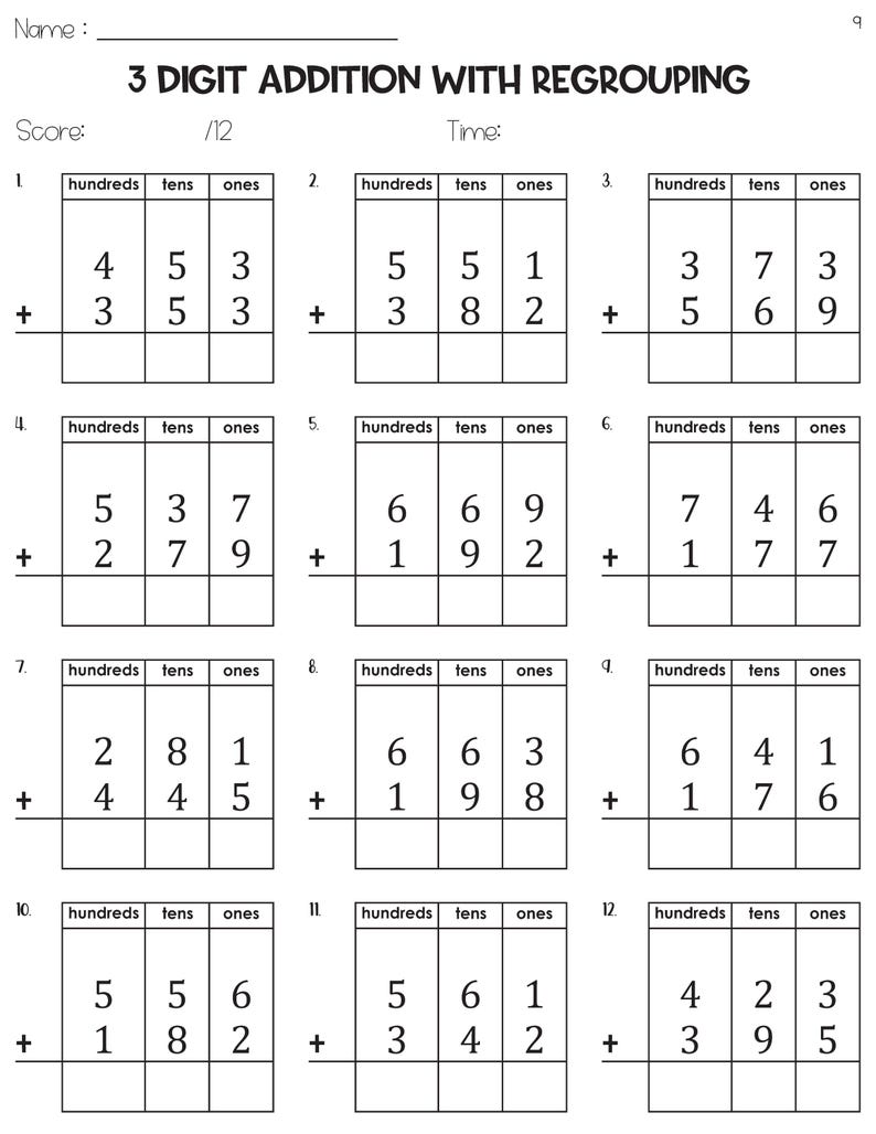 3 Digit Addition With Regrouping With Place Value Chart Worksheets - Etsy