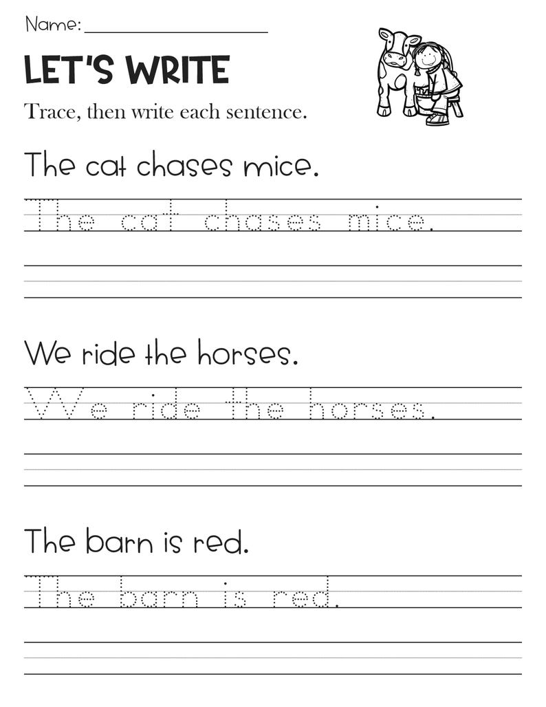 Sentence Writing and Tracing Handwriting Practice - Farm Theme - Etsy