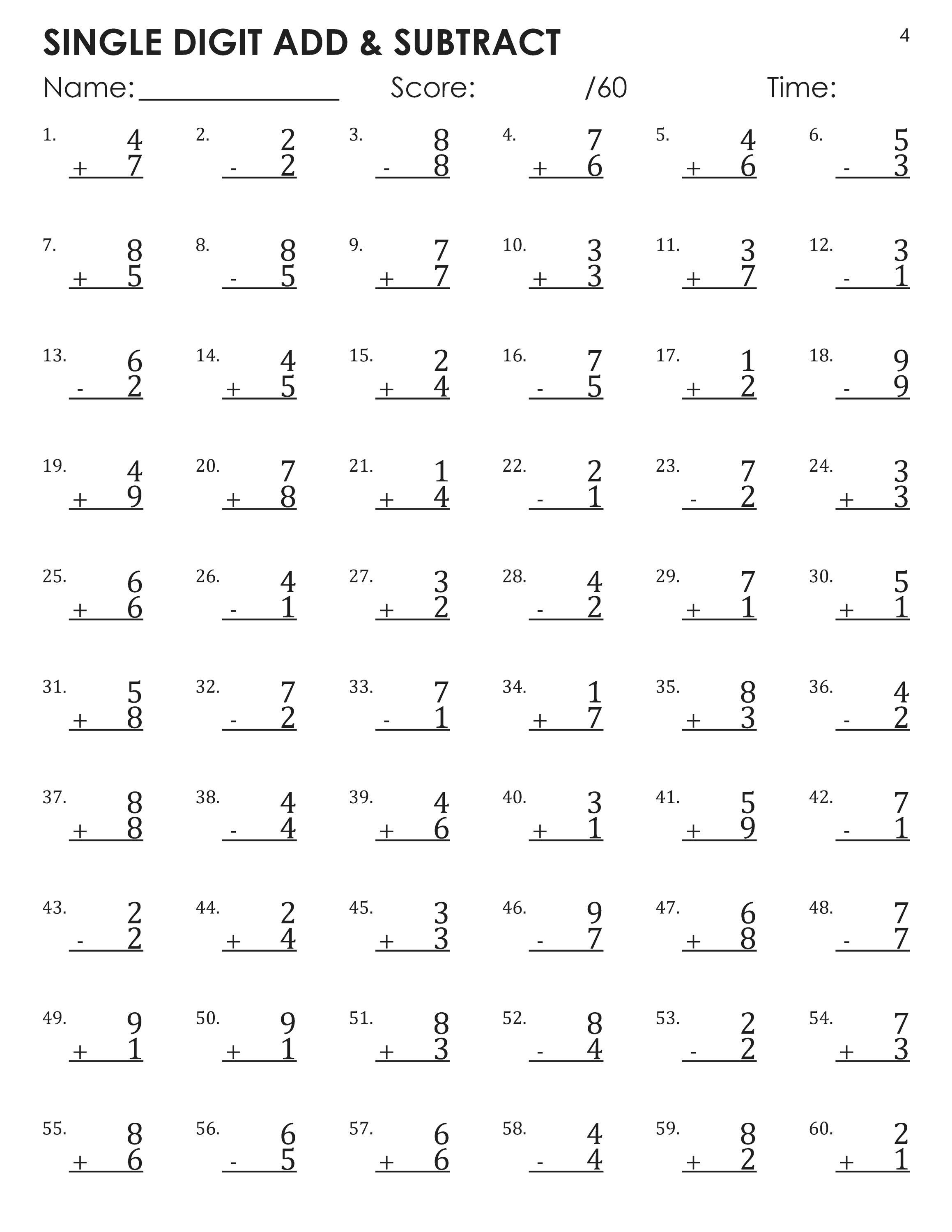 Math Timed Tests Mixed Single Digit Addition and Subtraction Worksheets ...