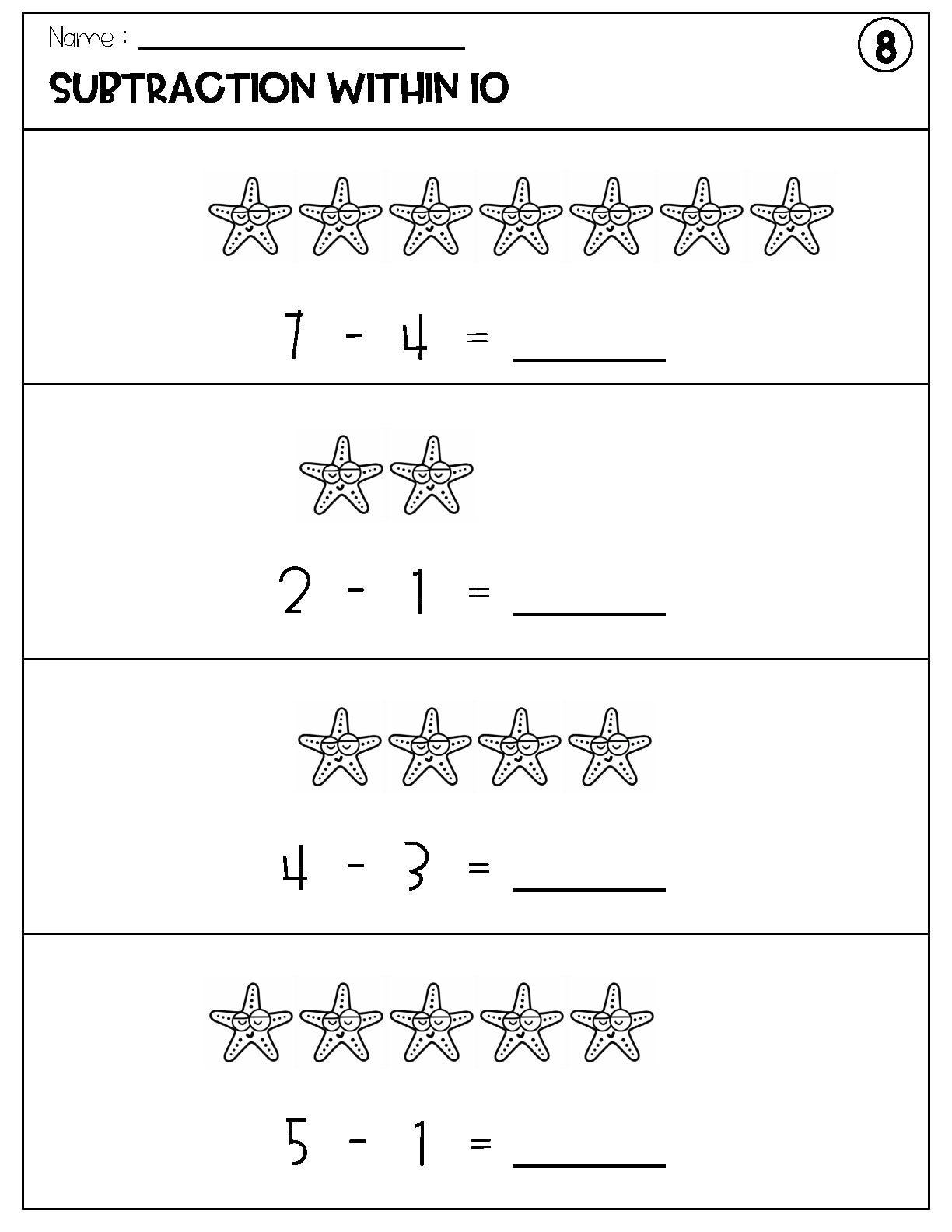 Subtraction Within 10 With Pictures Worksheets - Etsy