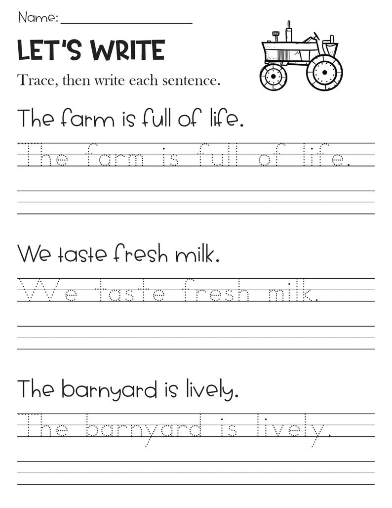 Sentence Writing and Tracing Handwriting Practice - Farm Theme - Etsy