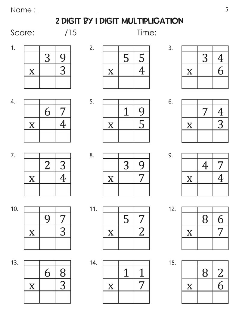 2 Digit by 1 Digit Multiplication With Grid Worksheets - Etsy
