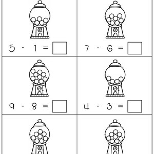 Subtraction With Pictures Within 10 Worksheets - Subtracting Gumballs ...